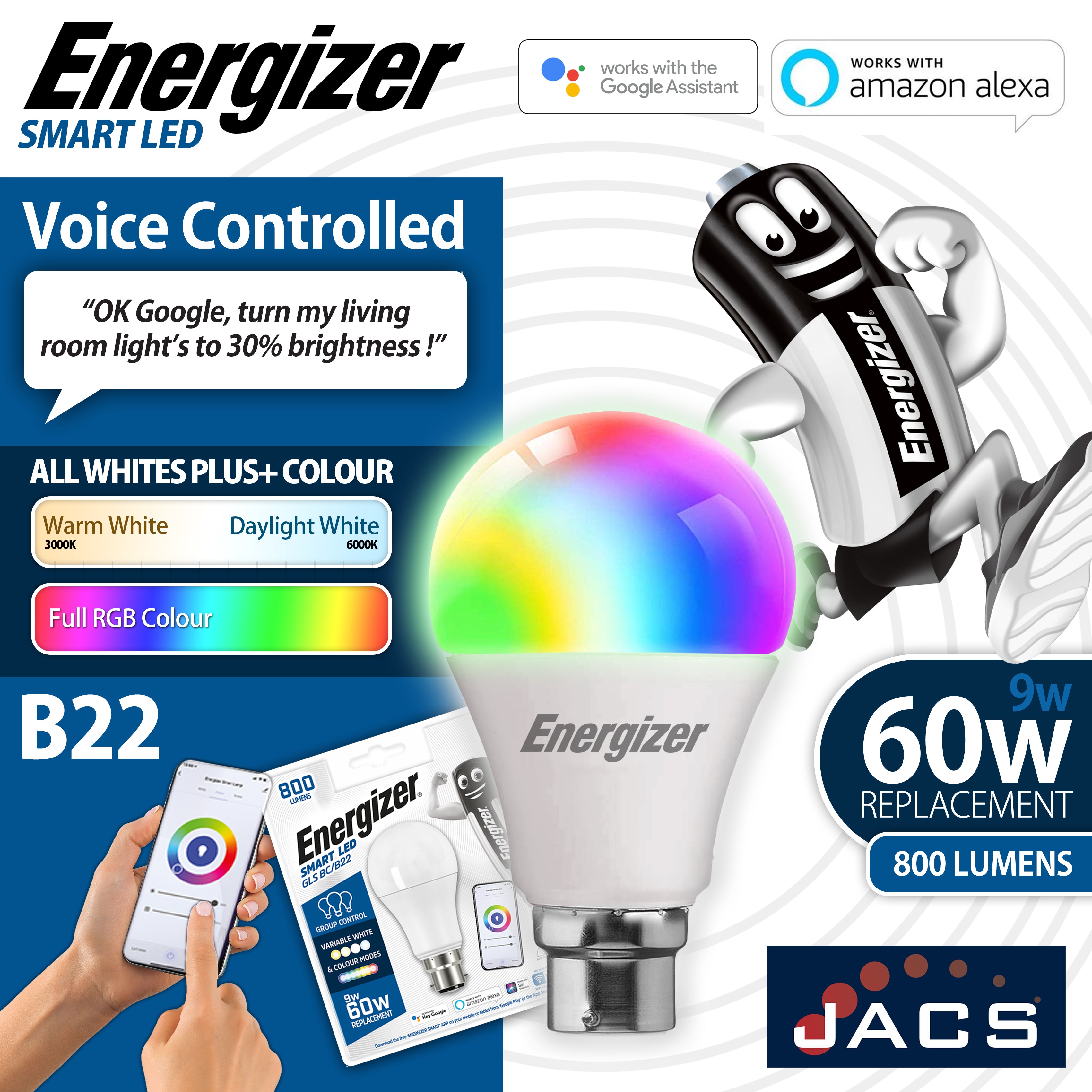 S17161 Energizer Smart B22 (BC) GLS - 9w - Colour Changing - 806lm ...